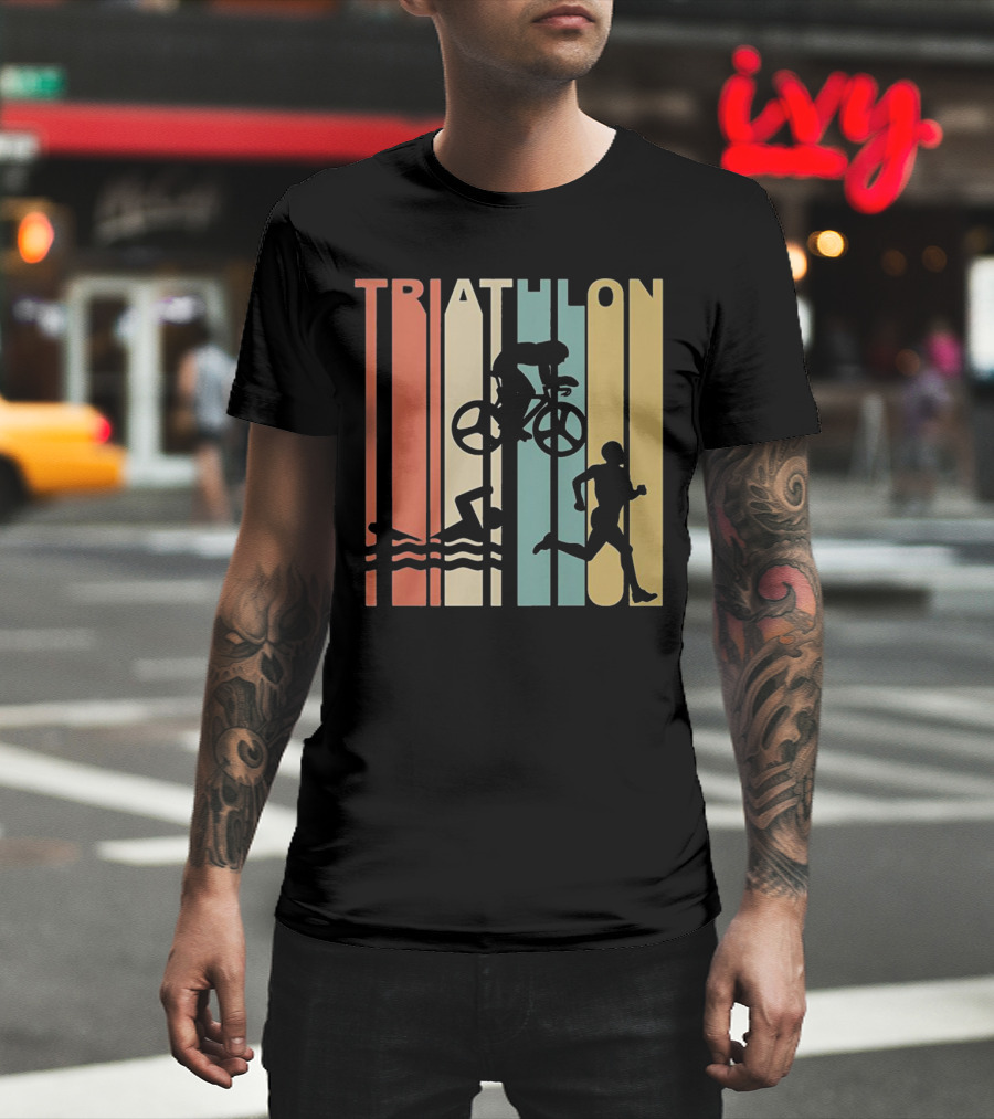 Vintage Triathlon Swimming Cycling Running Silhouettes Retro Stripes T-Shirt