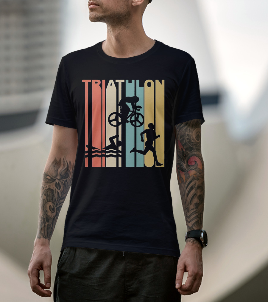 Vintage Triathlon Swimming Cycling Running Silhouettes Retro Stripes T-Shirt