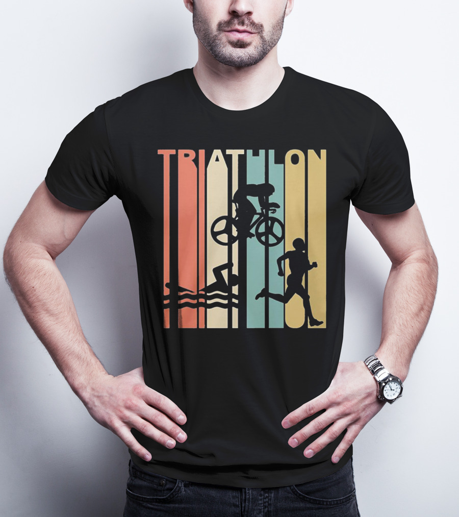 Vintage Triathlon Swimming Cycling Running Silhouettes Retro Stripes T-Shirt
