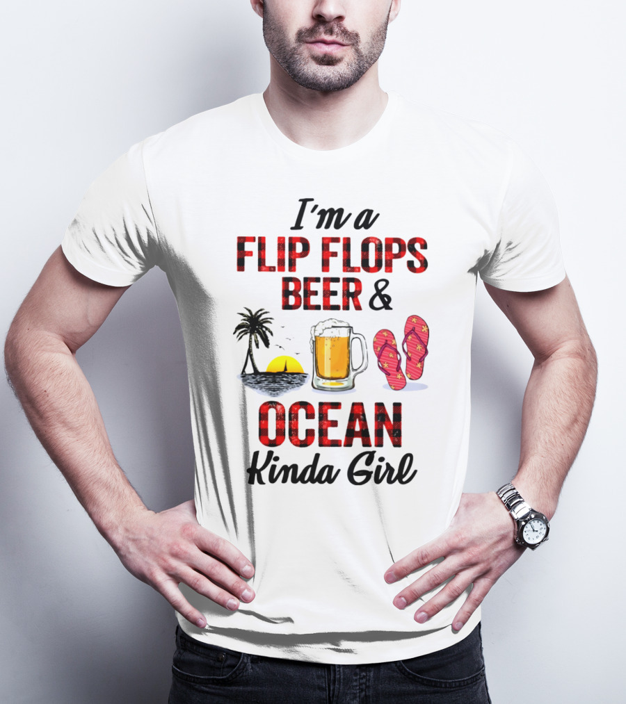 I'm A Flip Flops Beer Ocean Kinda Girl Palm Tree Sunset Red T-Shirt