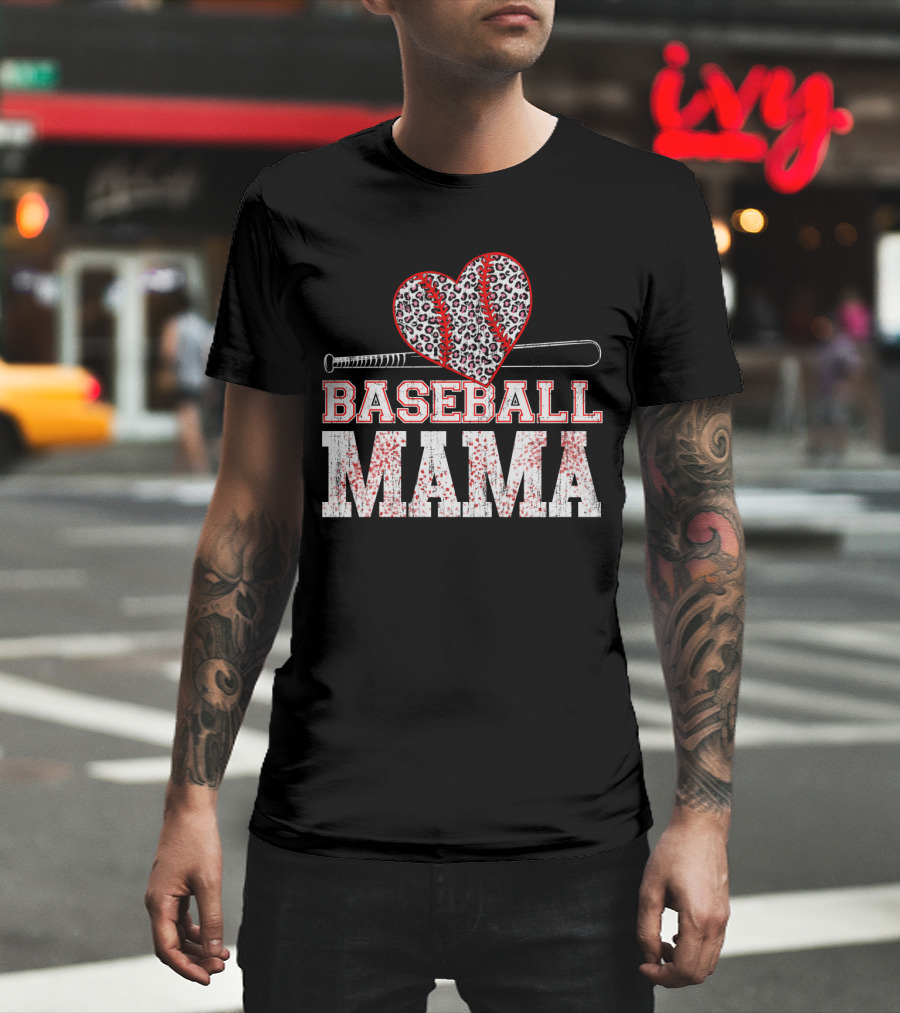 Baseball Mama Leopard Heart Bat T-Shirt