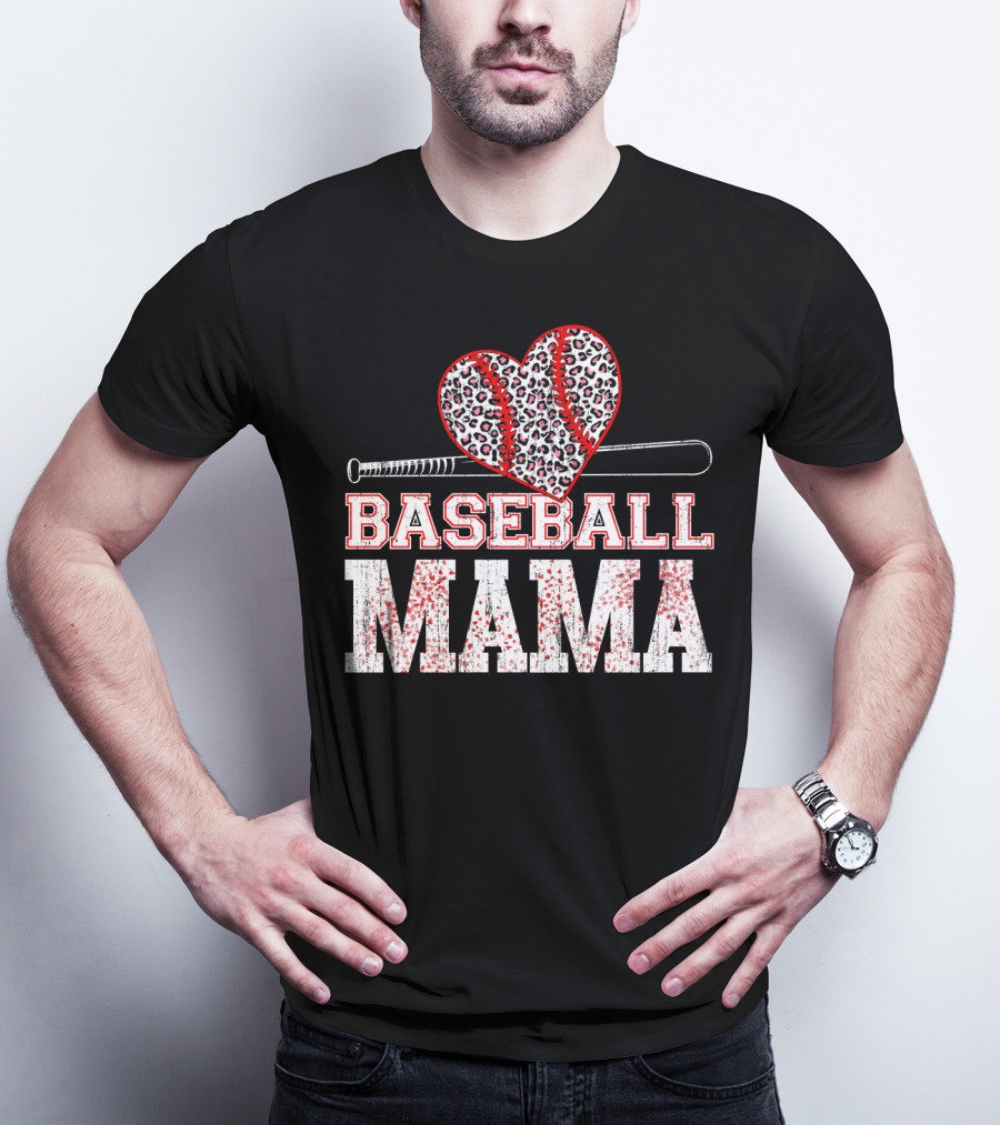 Baseball Mama Leopard Heart Bat T-Shirt