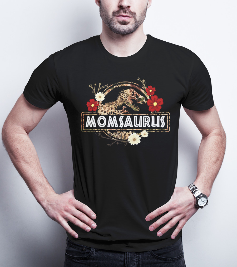 Momsaurus Dinosaur Funny Mom Saurus Flower Design With Vintage Floral Elements T-Shirt