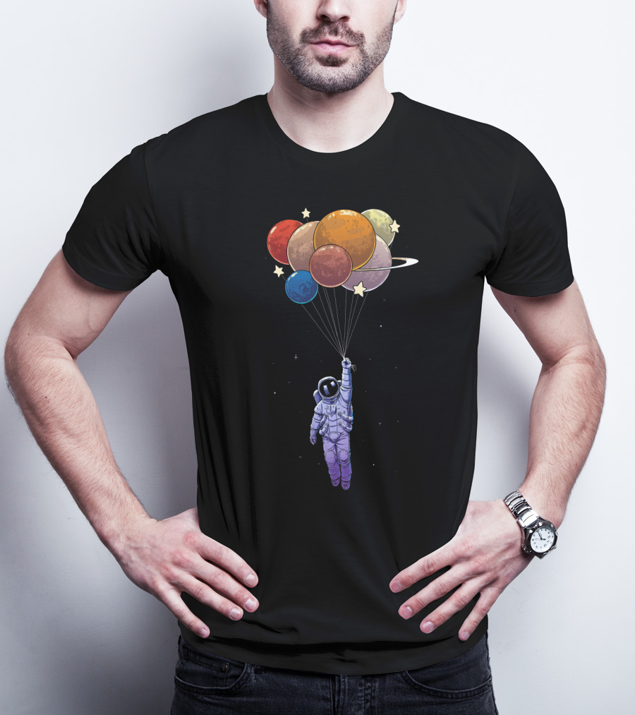 Amstrong Astronaut With Planet Balloons Floating In Space T-Shirt