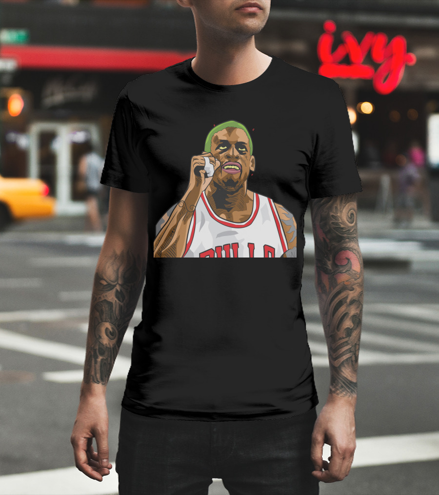 Mitchell And Ness Dennis Rodman Bulls Iconic Green Hair Basketball Legend T-Shirt