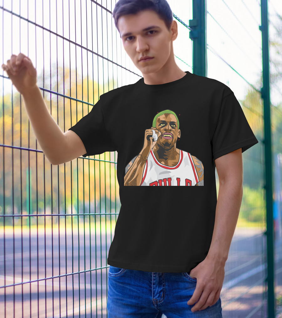 Mitchell And Ness Dennis Rodman Bulls Iconic Green Hair Basketball Legend T-Shirt