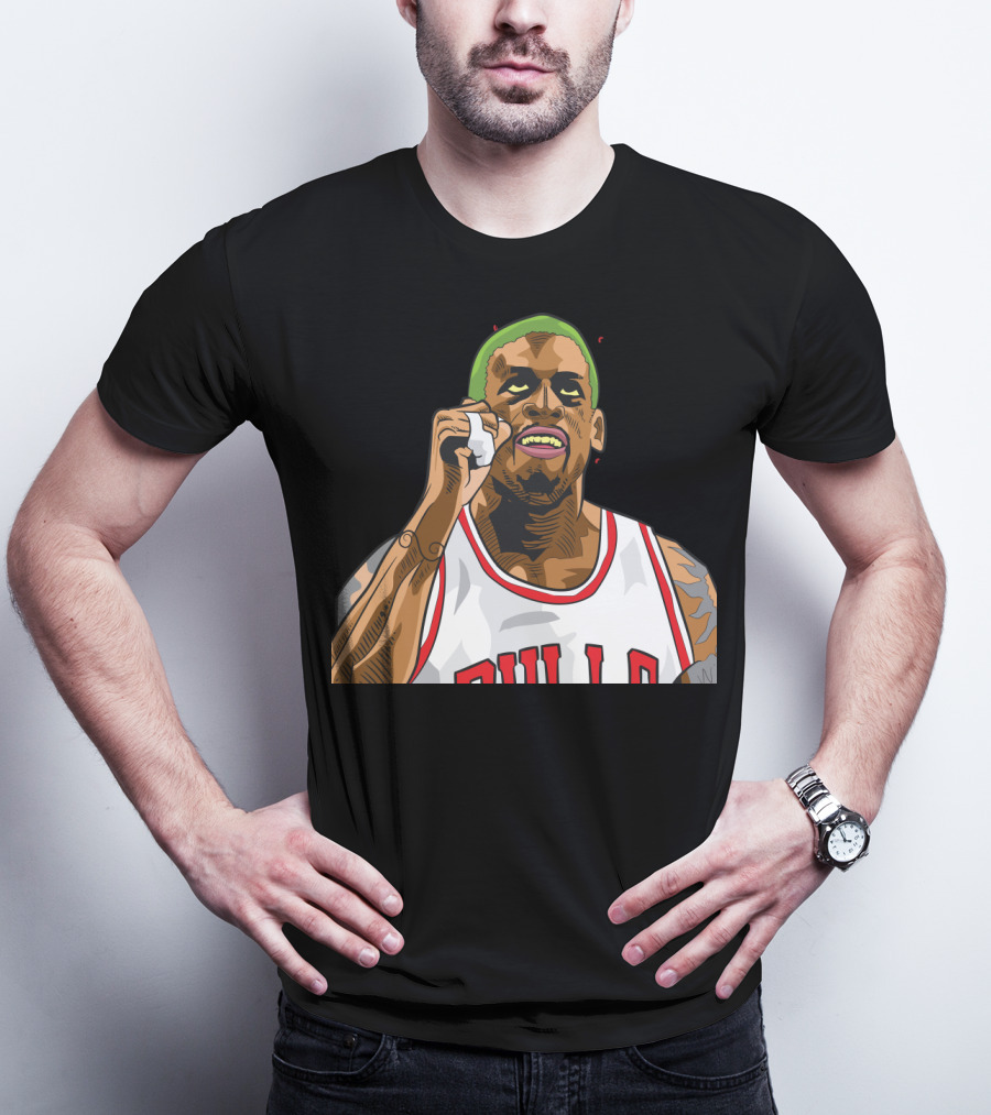 Mitchell And Ness Dennis Rodman Bulls Iconic Green Hair Basketball Legend T-Shirt