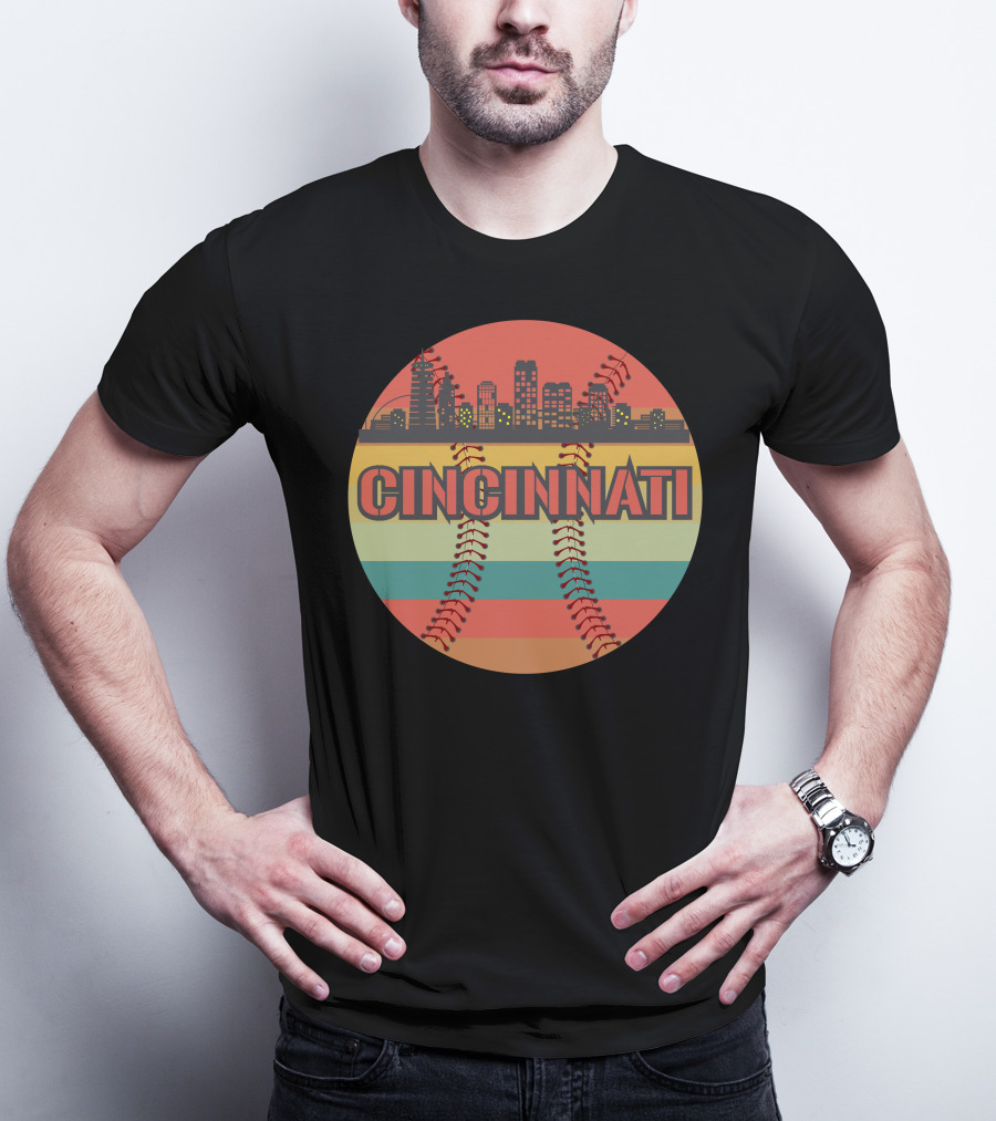 Cincinnati Skyline Vintage Baseball Cityscape Retro Stripes T-Shirt