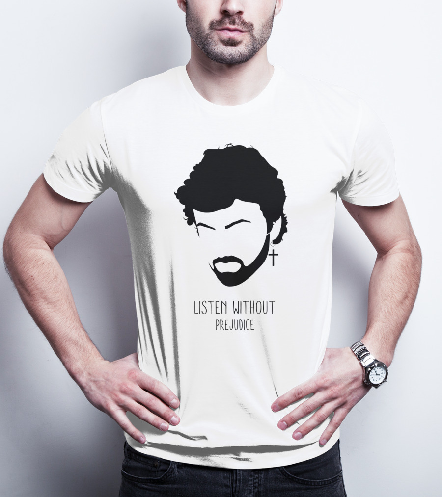 Listen Without Prejudice Graphic With Cross Earring T-Shirt