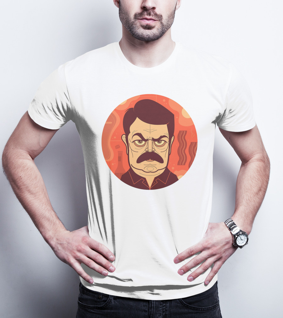 Ron Swanson Bacon And Steak Mustache Orange Circle T-Shirt