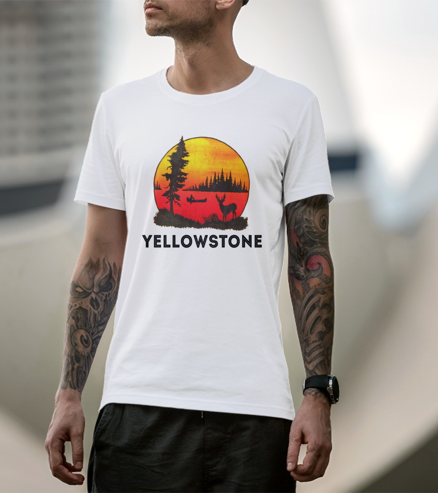 Yellowstone Sunset Scene With Canoe And Deer T-Shirt