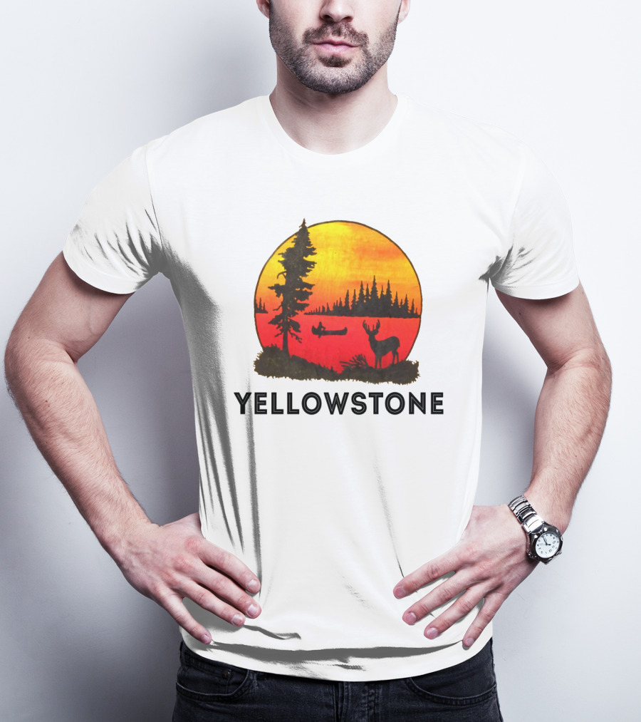 Yellowstone Sunset Scene With Canoe And Deer T-Shirt