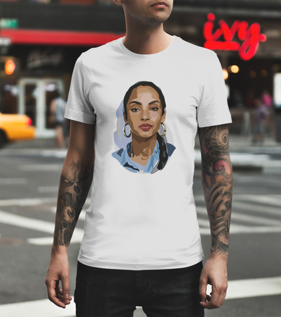 Sade Adu Portrait With Blue Shirt And Hoop Earrings T-Shirt