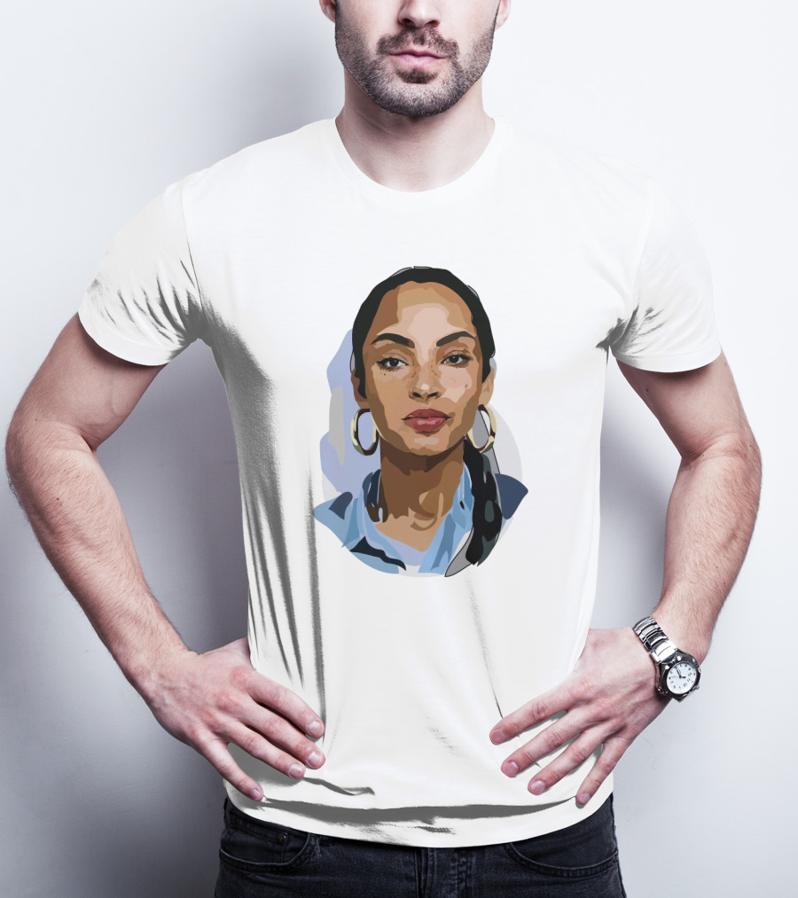 Sade Adu Portrait With Blue Shirt And Hoop Earrings T-Shirt