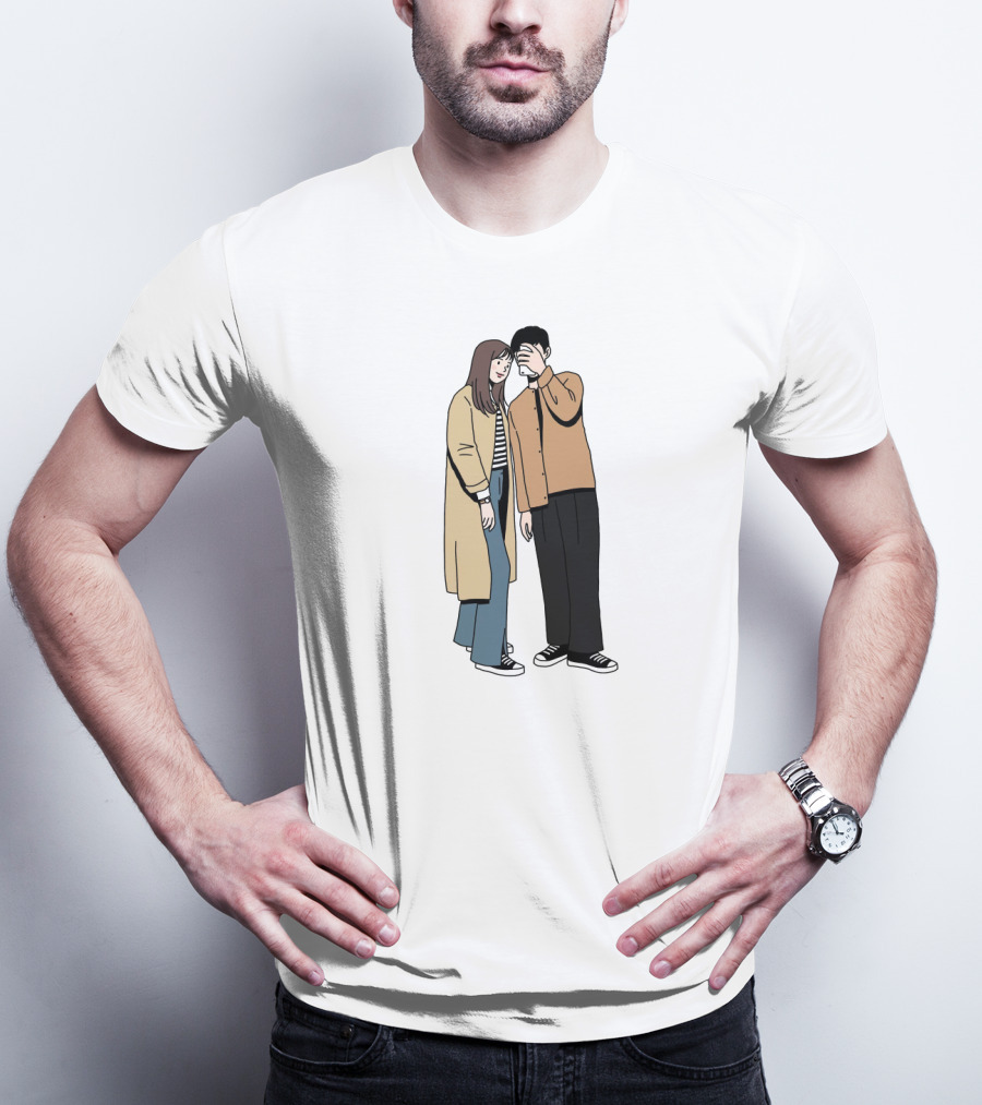 Couple In Casual Streetwear With Oversized Coat And Sneakers T-Shirt