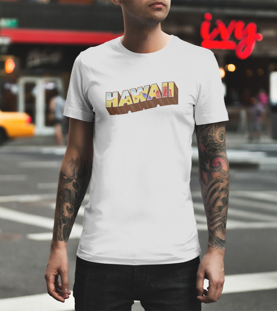 Hawaii Tropical Beach Icons With Surfer And Hibiscus T-Shirt