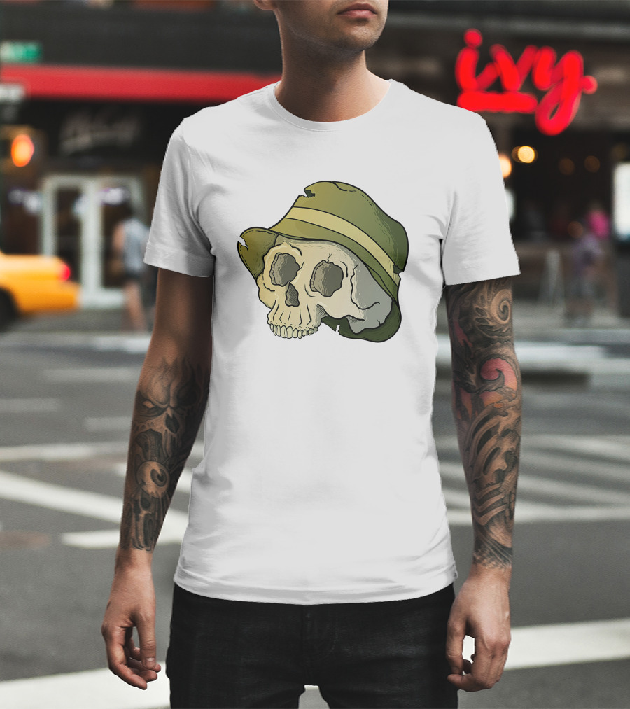 Skull Wearing A Green Bucket Hat T-Shirt