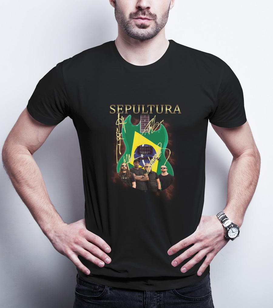 SEPULTURA Brazil Flag Guitar With Band Signatures T-Shirt