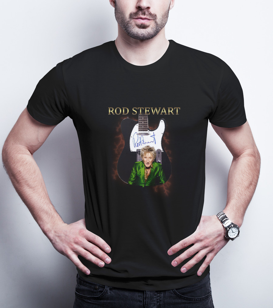 Rod Stewart Signature Guitar Image With Autograph T-Shirt