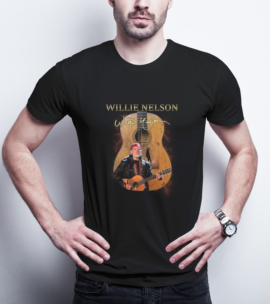 WILLIE NELSON Signature Guitar Image With Willie Playing T-Shirt