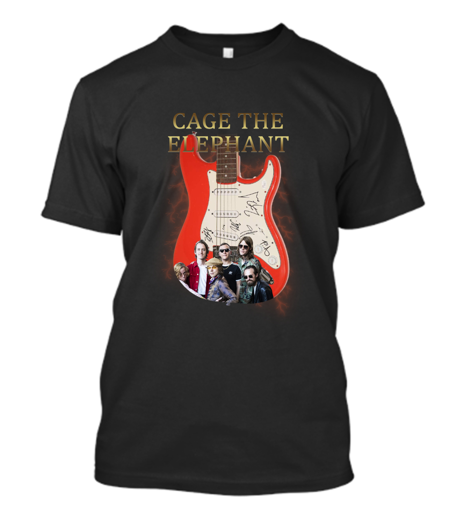 Cage The Elephant Red Electric Guitar Signatures And Band Montage T-Shirt
