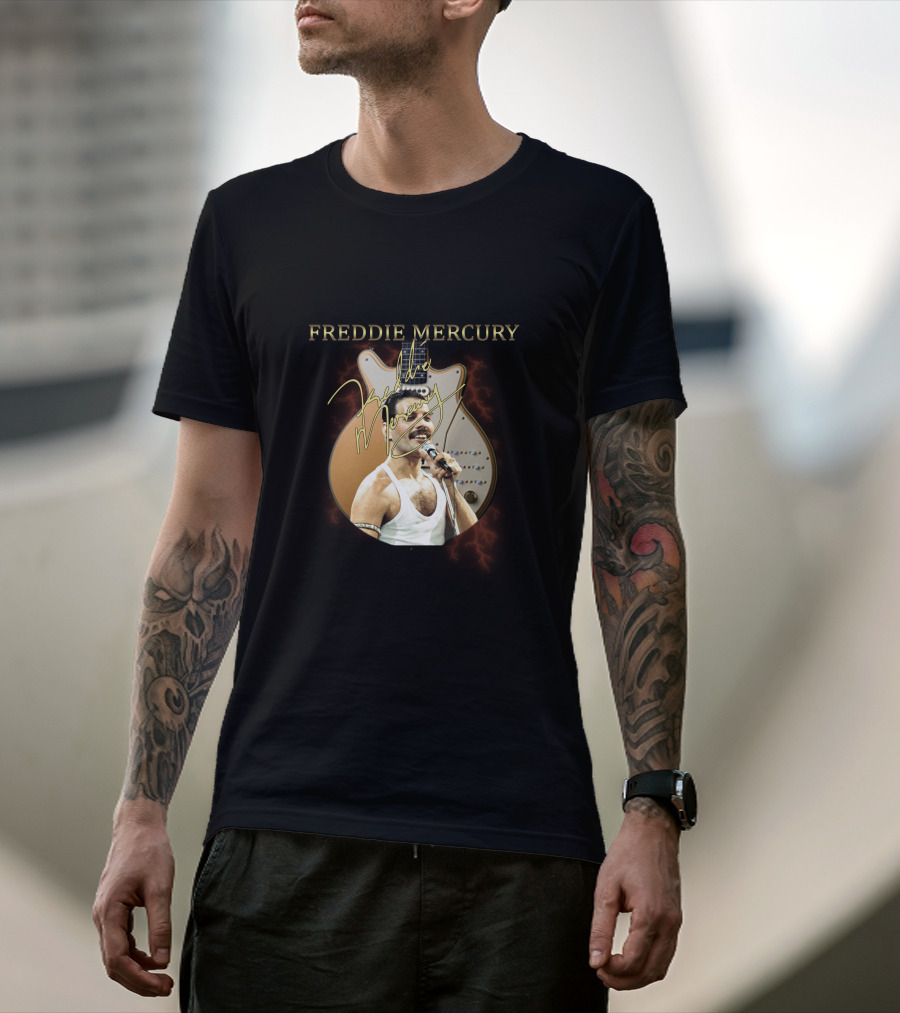 FREDDIE MERCURY Signature With Guitar And Microphone T-Shirt