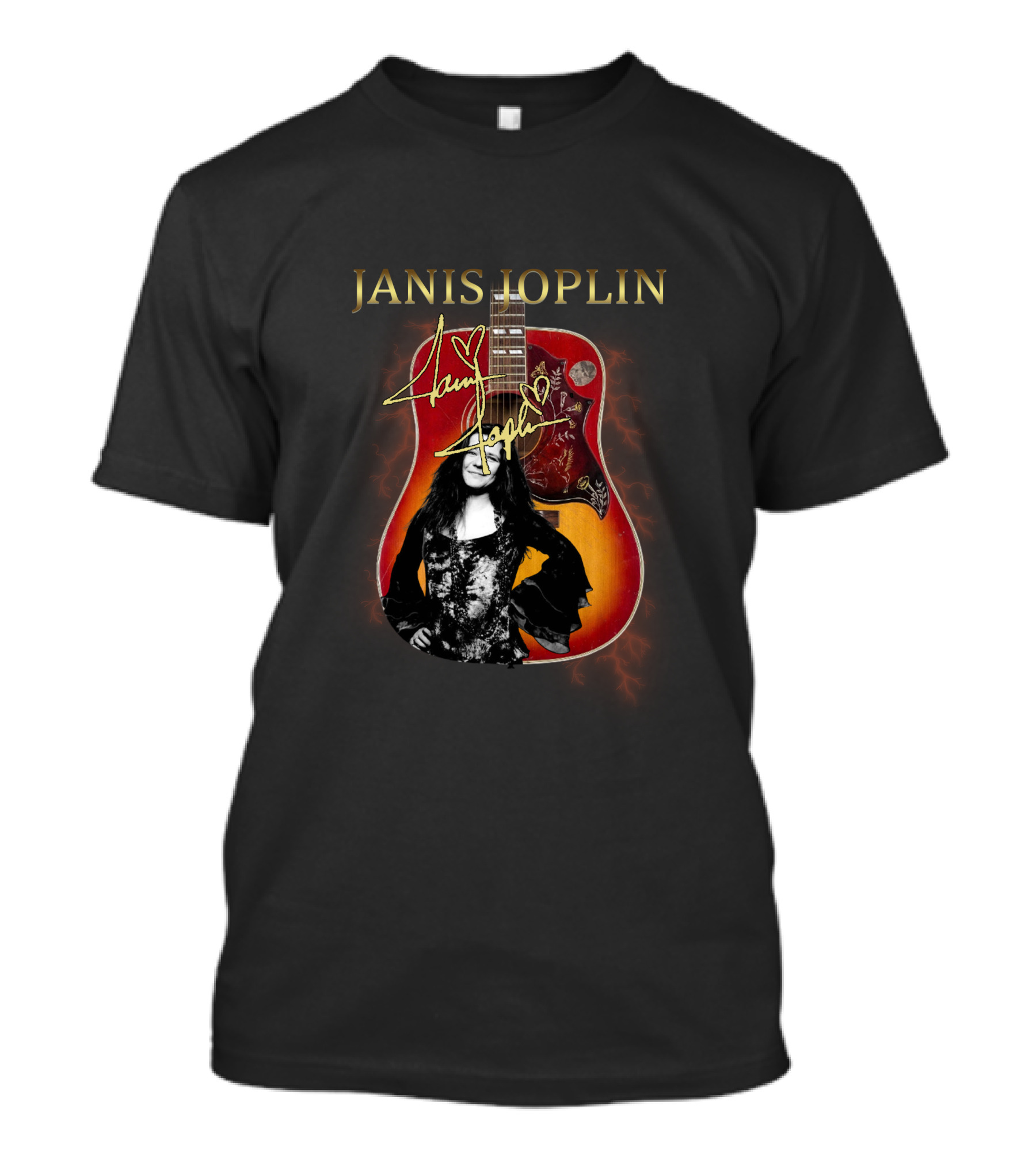 Janis Joplin Signature Guitar With Portrait And Lightning Effects T-Shirt