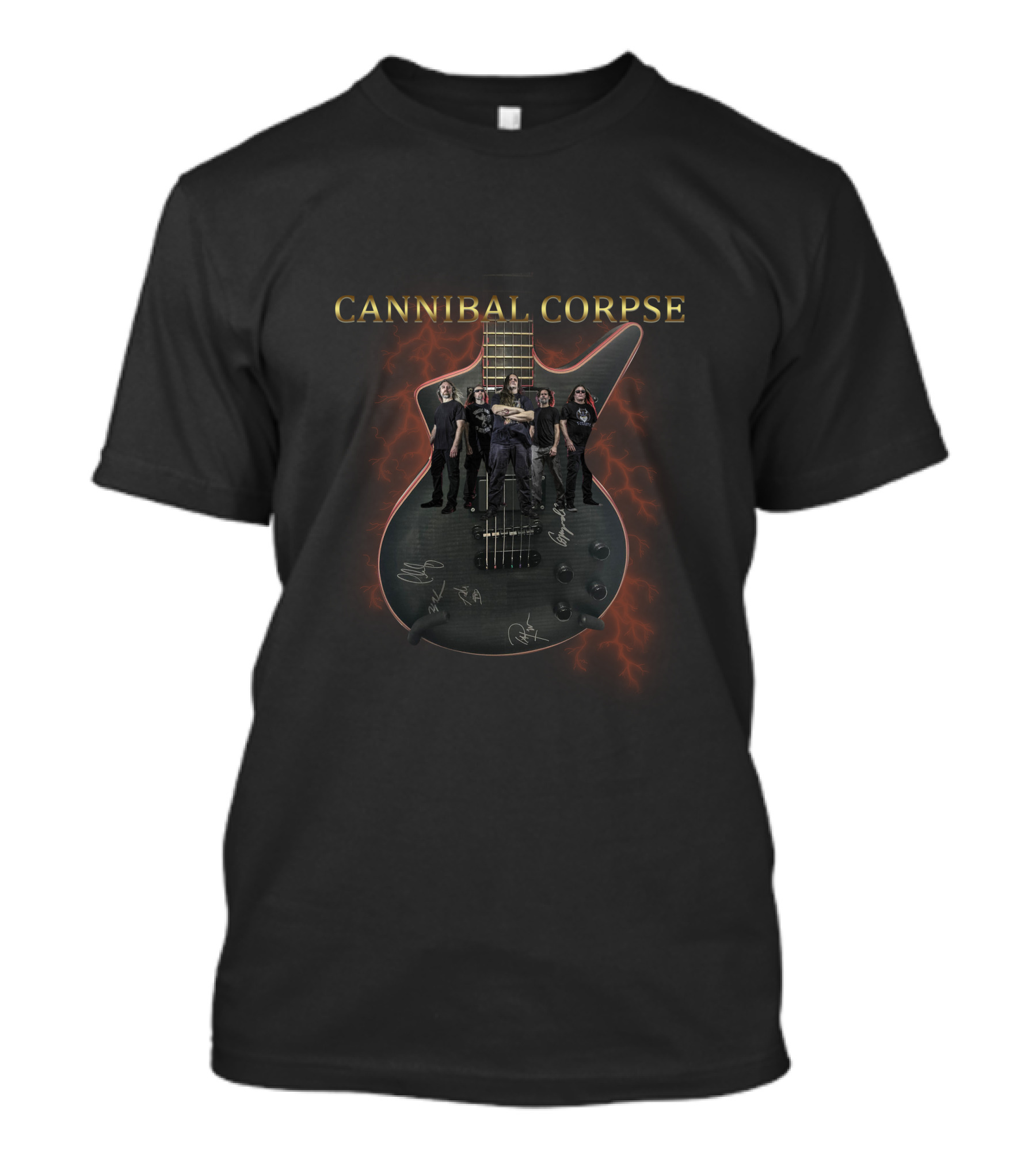 Cannibal Corpse Band Members On Electric Guitar With Red Lightning T-Shirt