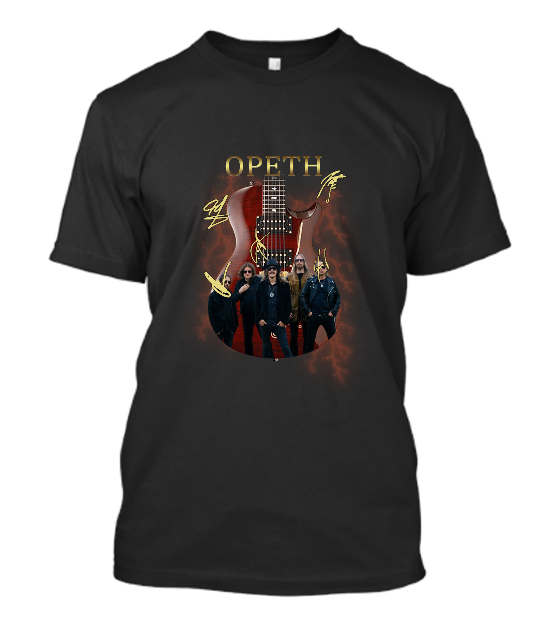 Opeth Signed Guitar With Band Members And Lightning Background T-Shirt