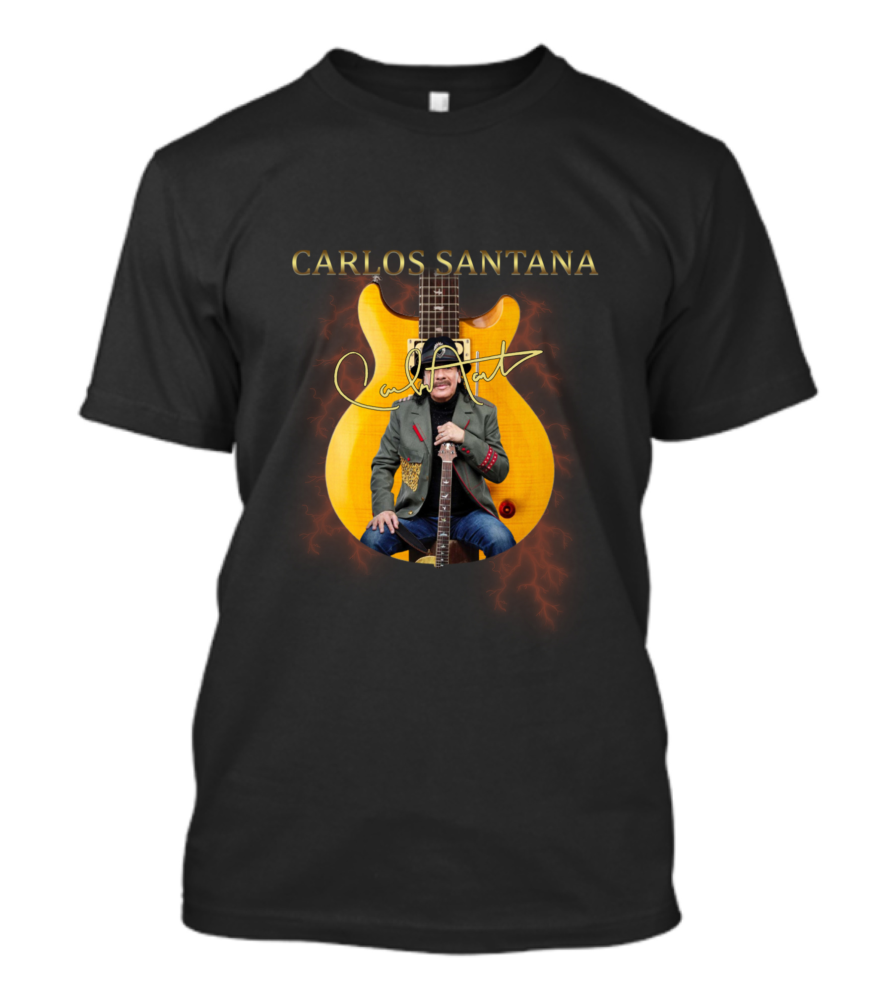Carlos Santana Signature With Yellow Electric Guitar And Lightning Background T-Shirt