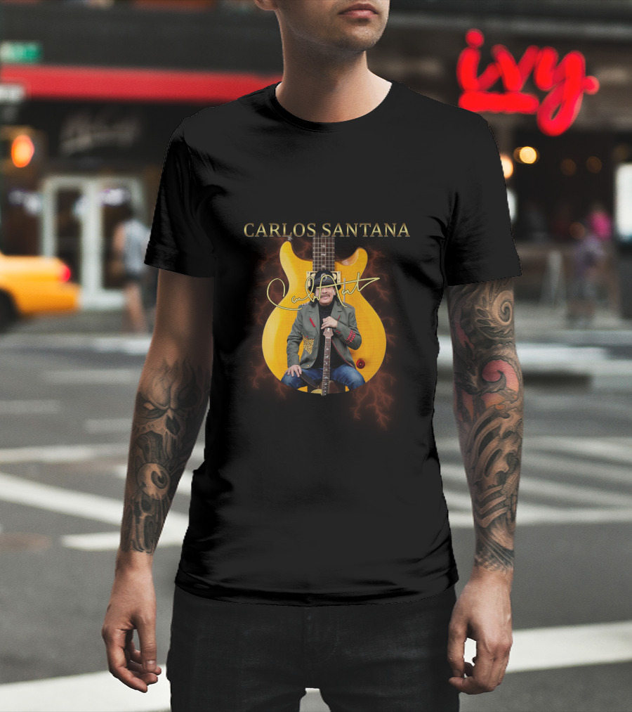 Carlos Santana Signature With Yellow Electric Guitar And Lightning Background T-Shirt