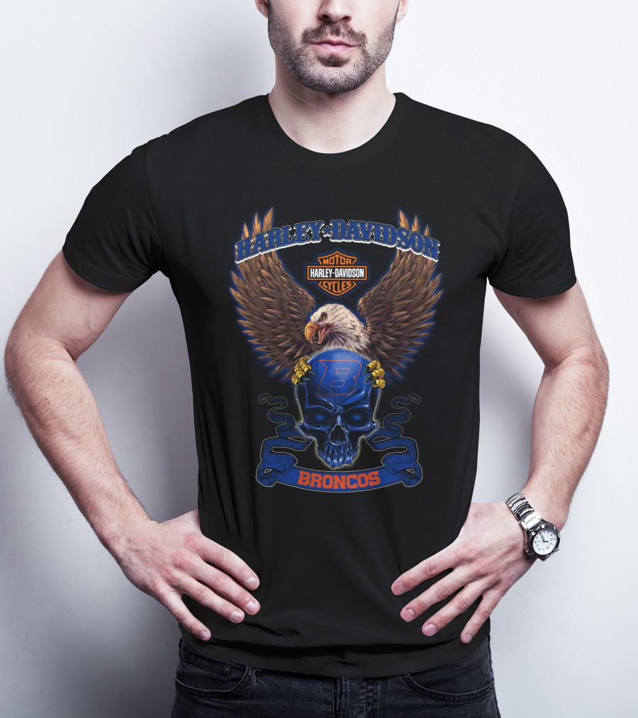 Harley Davidson Motor Cycles Eagle Skull Boise State Broncos T-Shirt