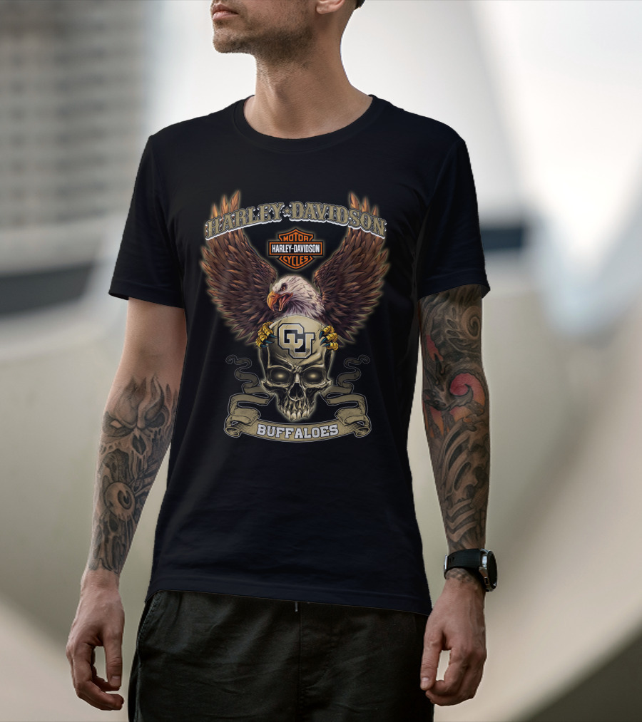 Harley Davidson Motor Cycles Cu Buffaloes Eagle Skull T-Shirt