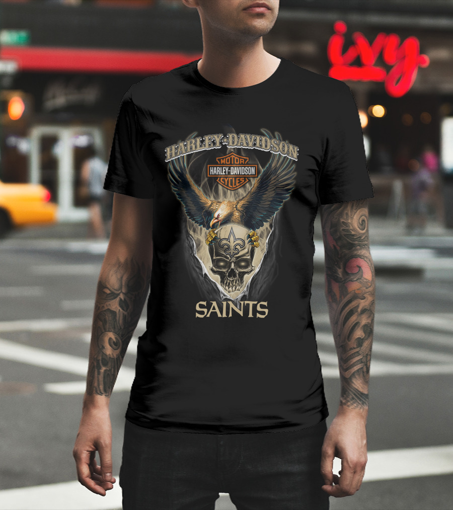 Harley Davidson Motor Cycles Eagle Skull New Orleans Saints T-Shirt