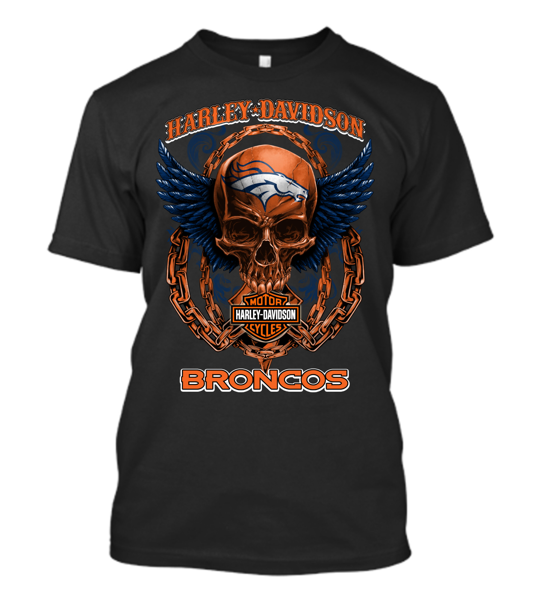 Harley Davidson Denver Broncos Skull Wings Chain T-Shirt