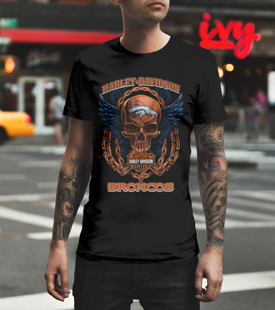 Harley Davidson Denver Broncos Skull Wings Chain T-Shirt