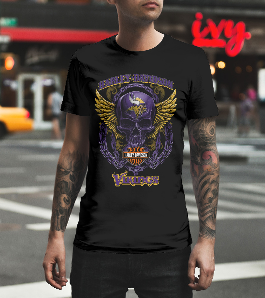 Harley Davidson Minnesota Vikings Skull With Wings And Chains T-Shirt