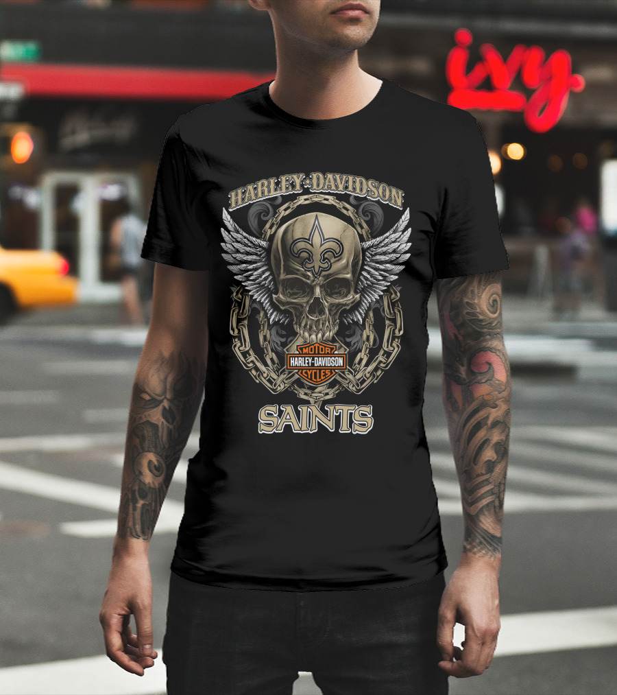 Harley Davidson New Orleans Saints Skull Wings Motor Cycles T-Shirt
