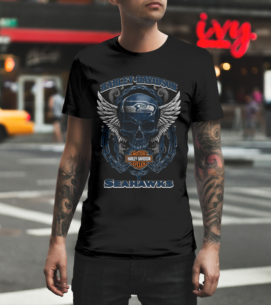 Harley Davidson Motorcycles Seattle Seahawks Skull Wings T-Shirt