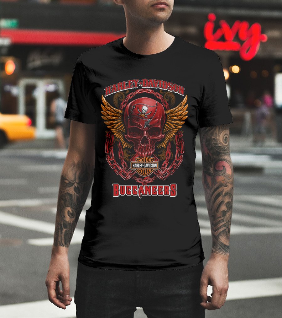 Harley Davidson Motorcycles Buccaneers Skull Logo Wings Chains T-Shirt