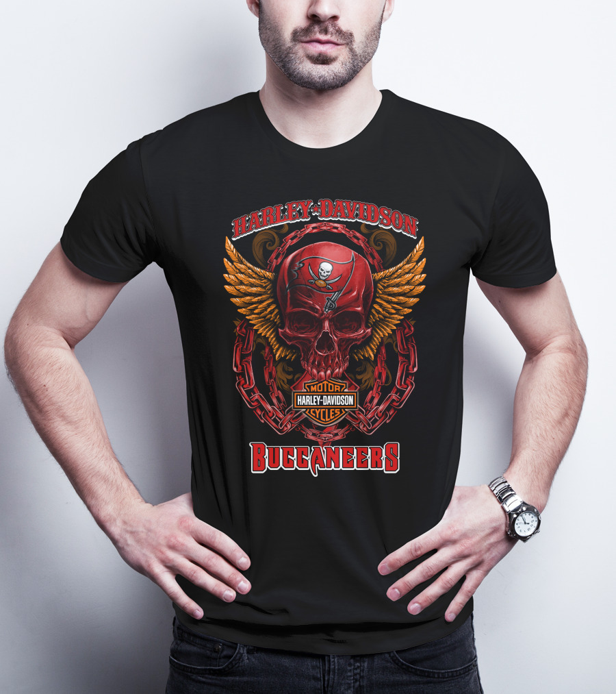 Harley Davidson Motorcycles Buccaneers Skull Logo Wings Chains T-Shirt