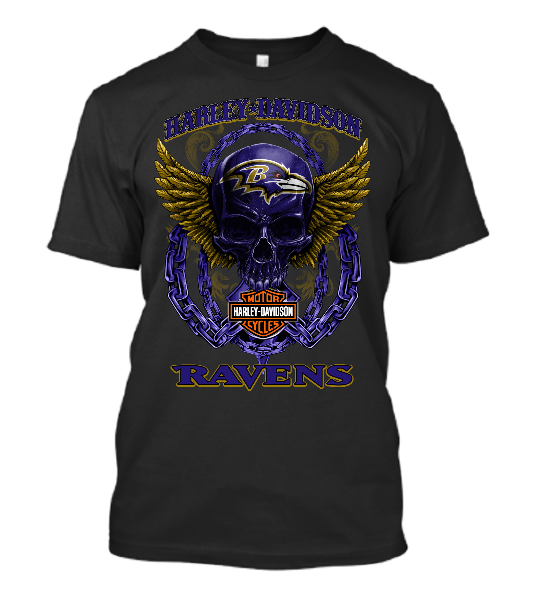 Harley Davidson Baltimore Ravens Skull Wing Motor Cycles T-Shirt