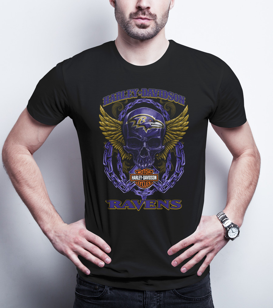 Harley Davidson Baltimore Ravens Skull Wing Motor Cycles T-Shirt