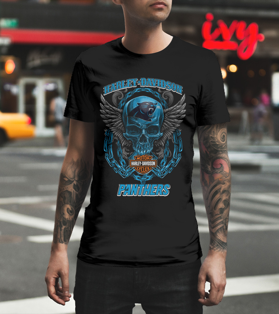 Harley Davidson Carolina Panthers Motorcycles Skull And Wings T-Shirt