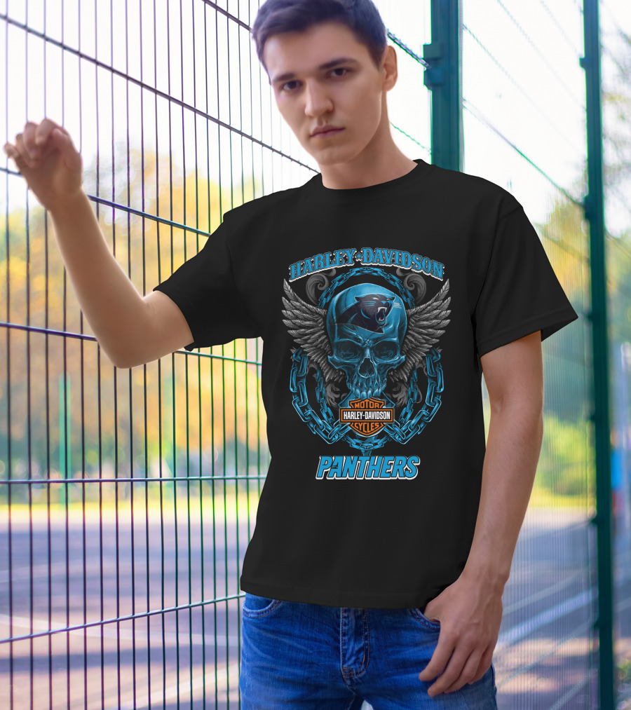 Harley Davidson Carolina Panthers Motorcycles Skull And Wings T-Shirt