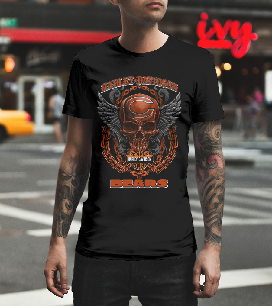 Harley Davidson Chicago Bears Skull With Chains And Wings T-Shirt