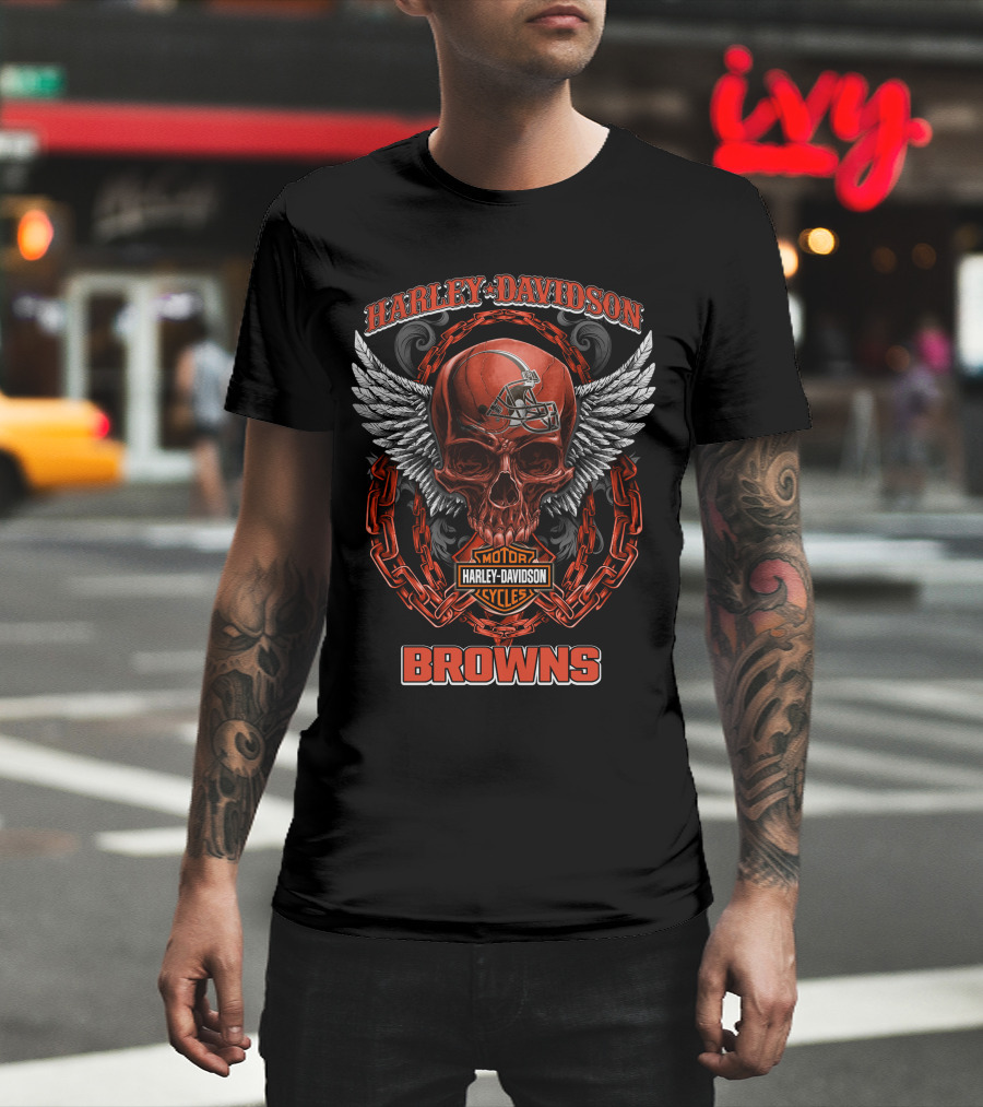 Harley Davidson Motorcycles Cleveland Browns Winged Skull T-Shirt