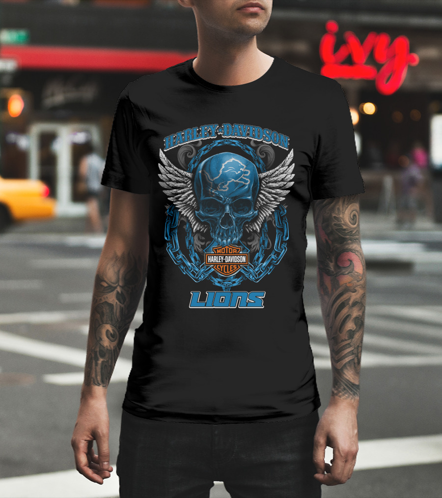 Harley Davidson Motor Cycles Detroit Lions Skull And Wings T-Shirt