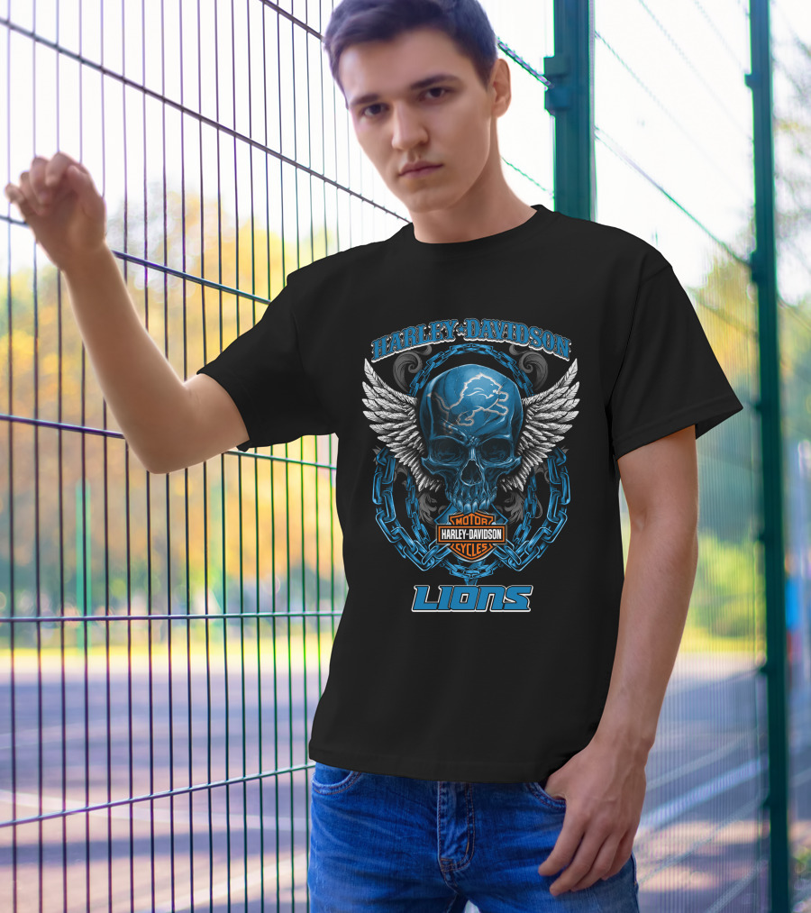 Harley Davidson Motor Cycles Detroit Lions Skull And Wings T-Shirt