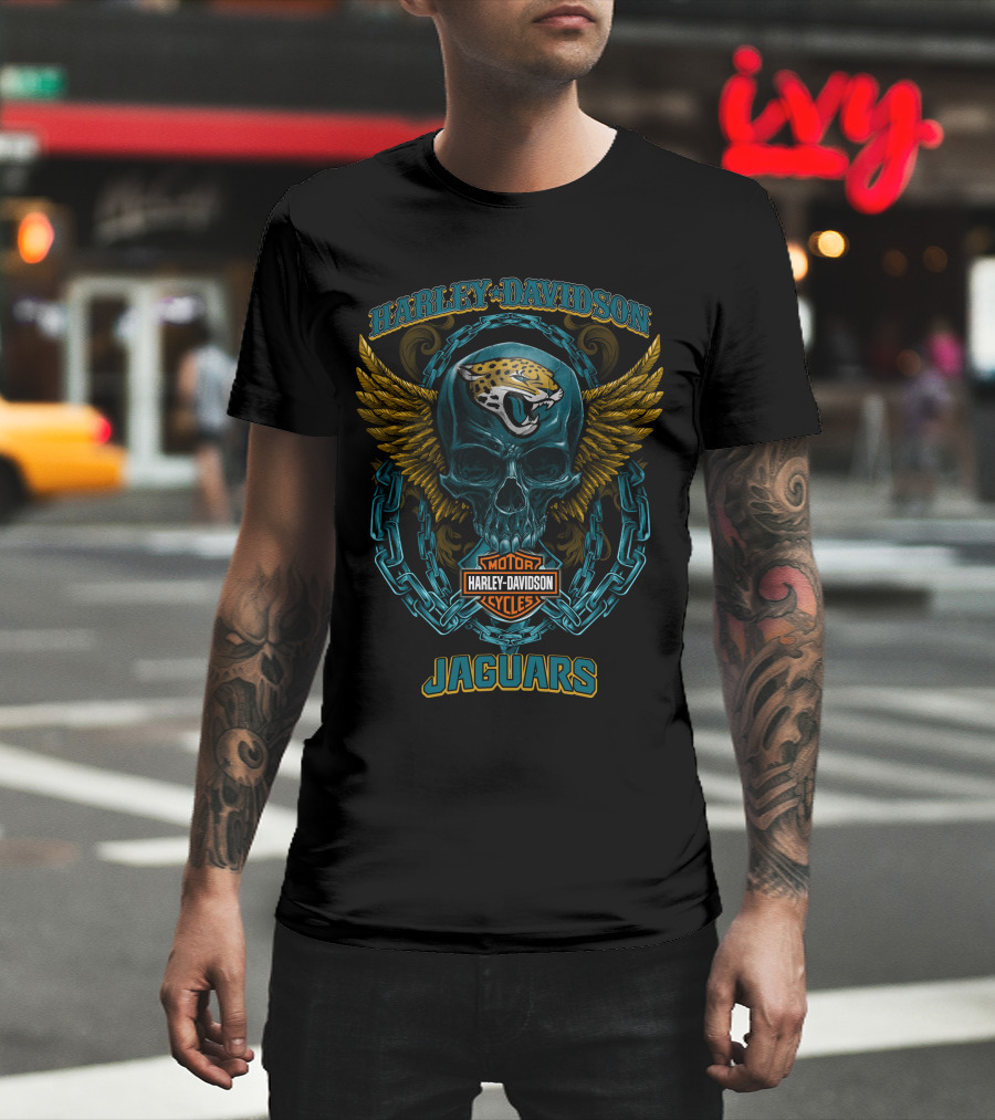 Harley Davidson Motor Cycles Jacksonville Jaguars Skull Logo Wings T-Shirt